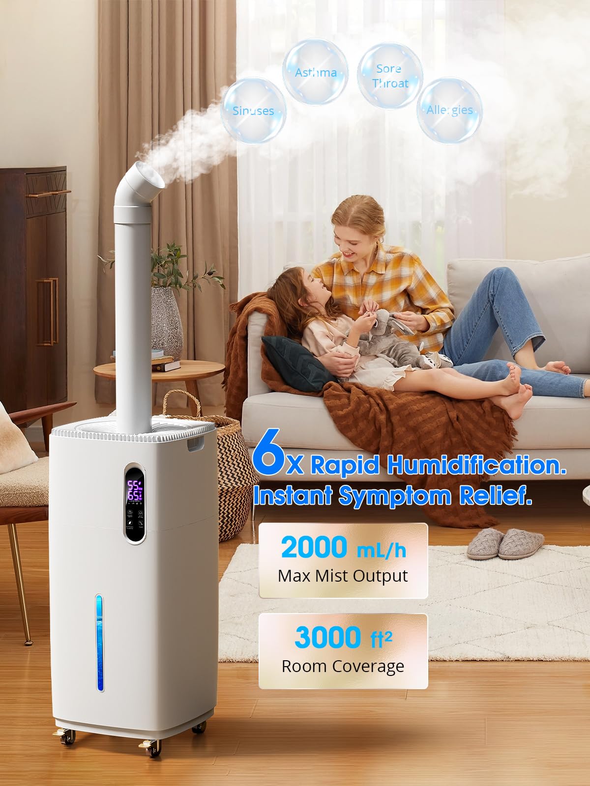 Petsaint 26L/5.7Gal Humidifier for Large Room Up to 3000 ft², 6-core atomization, 2000 mL/h Mist Output, Remote Control and 6 Mist Level, Ultrasonic Cool Mist Humidifiers for Bedroom Whole House