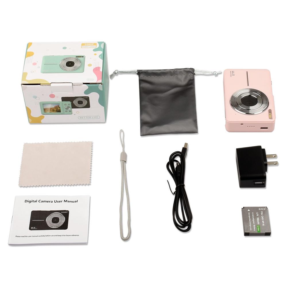 Digital Camera, FHD 1080P Portable Small Camera, Anti Shake Lightweight Compact Point and Shoot Camera, for Teens Adult Kids, Pink