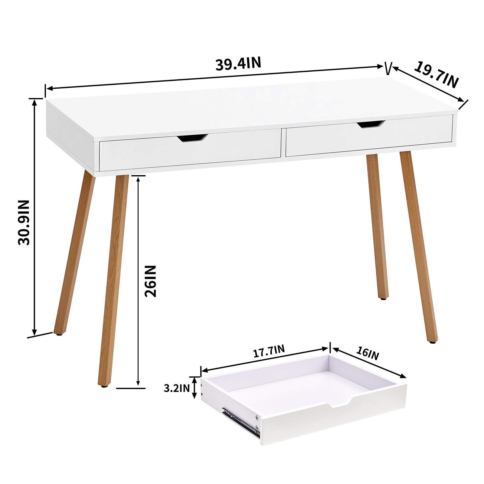 GreenForest Vanity Desk 39 inch Computer Writing Desk with Glossy White Tabletop and 2 Drawers Modern Bedroom Makeup Table Home Office Desk