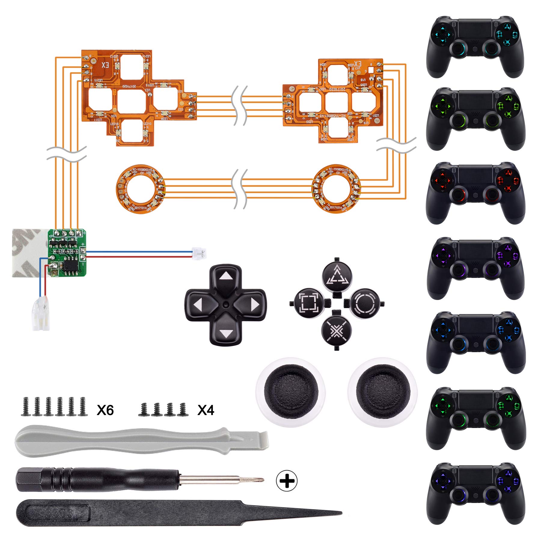 eXtremeRate Multi-Colors Luminated D-pad Thumbsticks Face Buttons (DTF) LED Kit for PS4 Controller 7 Colors 9 Modes Touch Control with Classical Symbols Buttons - Controller NOT Included
