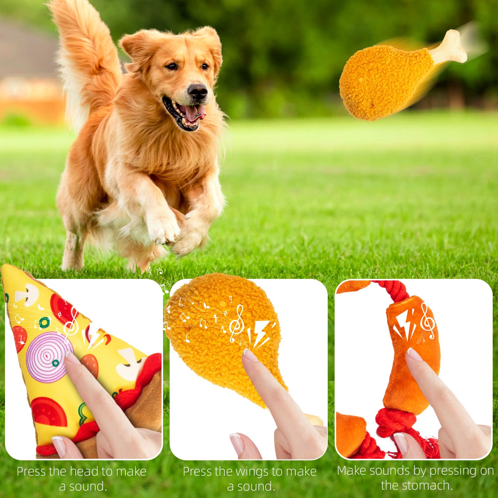 Squeaky Toys for Dogs – Fun Interactive Food-Themed Set,Pizza,Drumstick,and Sausage Rope,Durable Tug Toy and Chew Toy,Ideal for Small & Medium Dogs and Strong Chewer,Safer Non-Toxic Materials