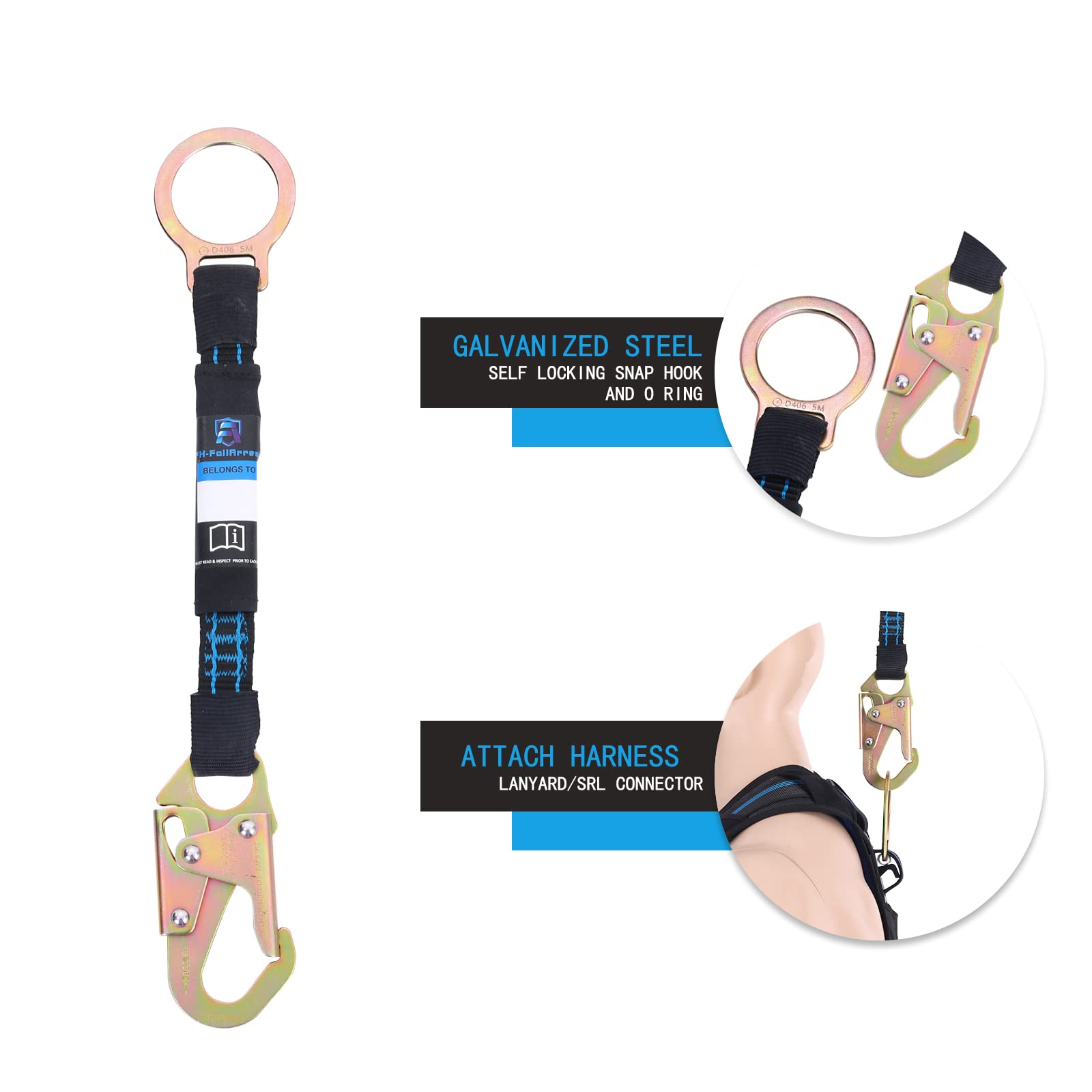 FHFallArrest 18 Inch D Ring Extender with Galvanized Steel Self Locking Snap Hook and O Ring,Heavy Duty Fall Protection Safety Harness Extension Lanyard,For Construction & Roofing, OSHA/ANSI Compliant