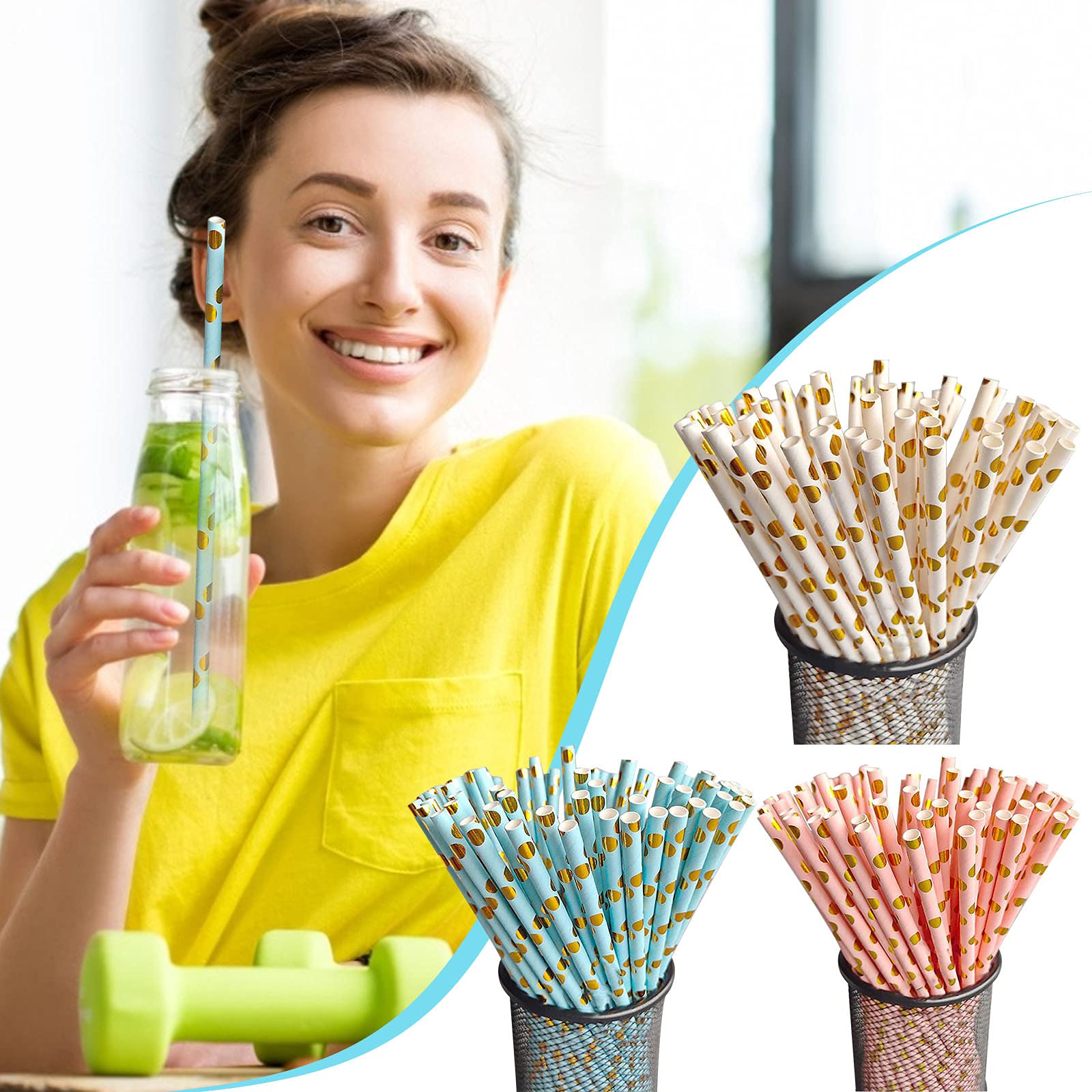 Juesi [100 Pack] Paper Straws Gold Coated, Biodegradable Paper Drinking Straw for Both Hot and Cold Beverages, 7.67 inch for Party Bar Shop Restaurant (Blue)
