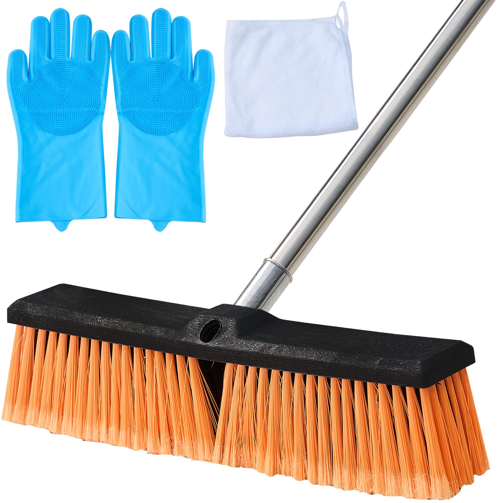 LUCHIA 18” Heavy Duty Push Broom with 65” Adjustable Stainless Steel Handle | Flagged Bristles for Indoor & Outdoor Broom for Floor Cleaning with Brooms, Gloves & Cloth | Orange