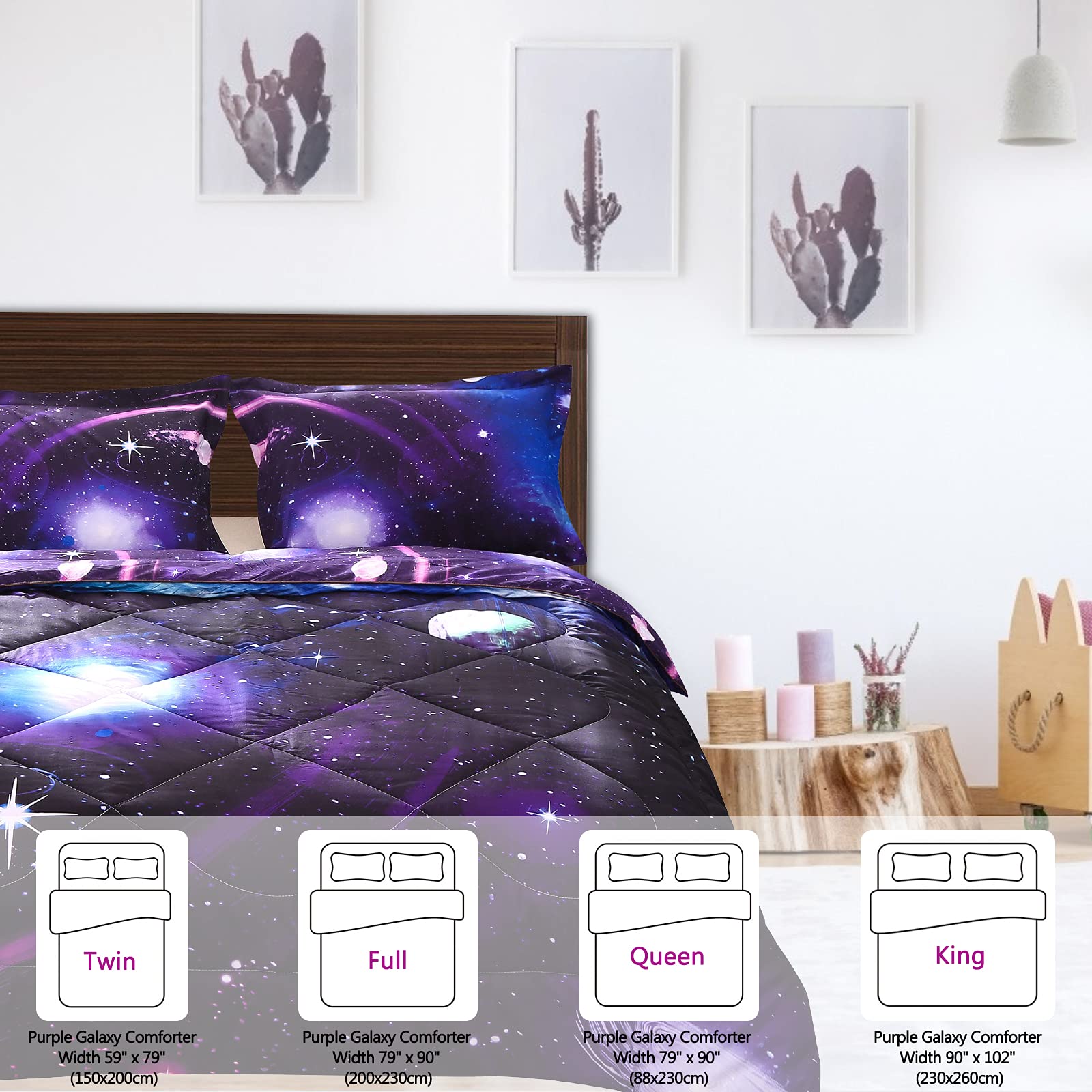 ENCOFT Blue Galaxy Comforter Twin, 3 Piece 3D Outer Space Themed Comforter Bedding Sets with 2 Pillowcases, Soft Polyester Lightweight All Season Twin Comforter Sets for Boys and Girls
