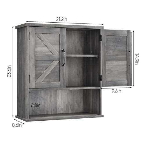 Mino Kesper Bathroom Wall Cabinet with Barn Doors, Wall Mounted Bathroom Storage Cabinet, Farmhouse Style, Adjustable Shelf, Wall Mounted, Grey