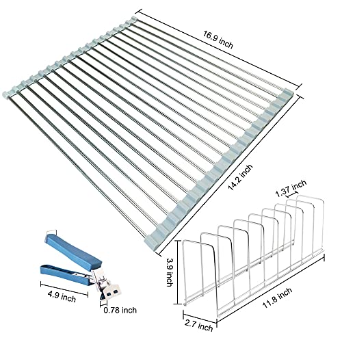 HRAYLTOP Roll Up Dish Drying Rack with Pot Lid Organizer,Plate HolderĀ Rack Over The Sink,Kitchen Foldable Multipurpose HeatĀ Resistant Dish Drainer Rack for Fruits Vegetable and Meat 16.9" x 14.2"