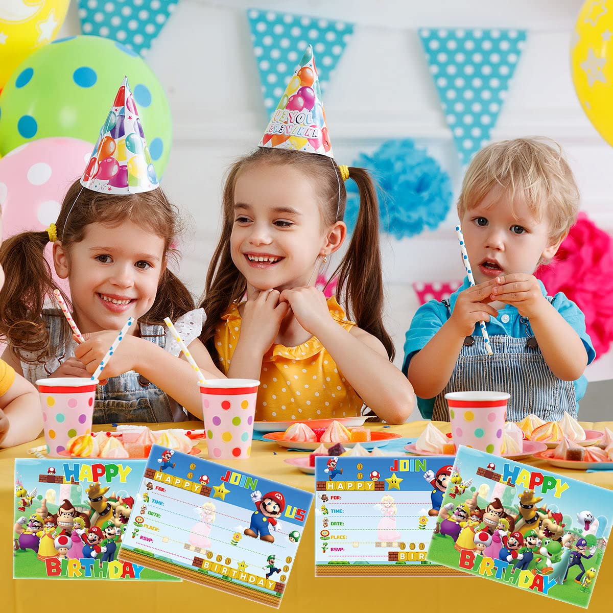 NF 24PCS Mario Birthday Party Invitations card, Video game party supplies,Super Bro Party Supplies for Kids
