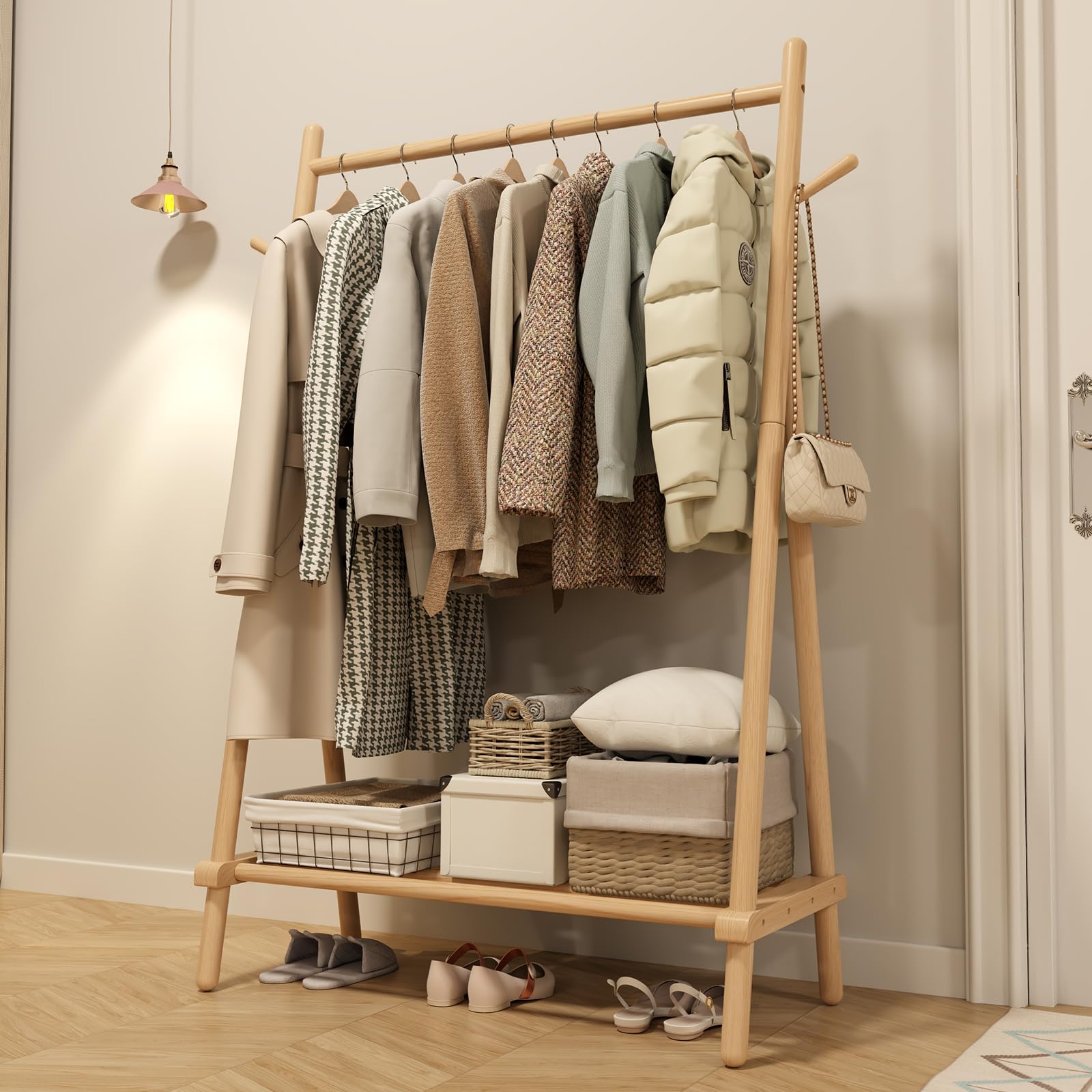 KASLANDI Solid Wood Clothes Rack, Clothing Rack with Shelf and Hook, Sturdy and Portable, Garment Rack for Hanging Clothes,Coats,Skirts,Shoes,Bags,Easy to Assemble (Natural)