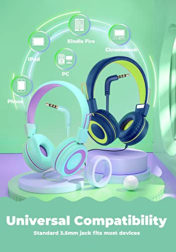 WeDuet Kids Headphones with Microphone, Wired Headphones for Kids Teens with Sharing Splitter, 91dB Safe Volume Limited Tangle-Free Foldable Stereo Headset for School Travel PC Kindle(2 Packs)