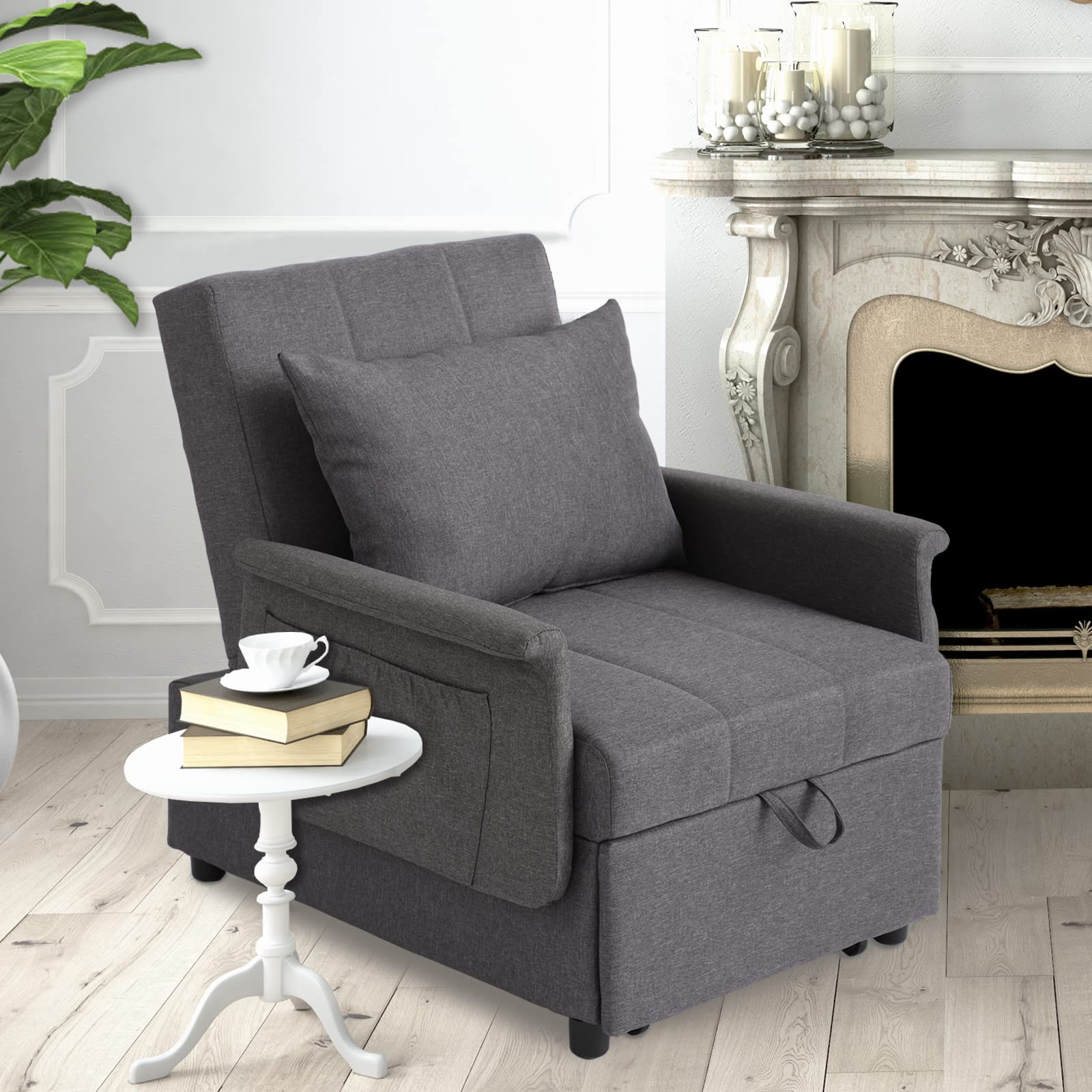 OQQOEE Sleeper Chair, 3 in 1 Chair Bed Sleeper for Adults, Pull Out Sleeper Sofa Convertible Single Lounge Chair with Pillow, Side Pockets for Living Room Small Space (Dark Grey)…
