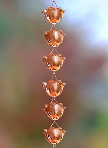 Monarch Rain Chains 28519 Pure Copper Lotus Large Cup Rain Chain, 8-1/2 Feet Length Replacement Downspout for Gutters, 8.5 Ft