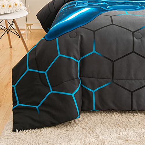 NTBED Game Console Comforter Set for Boys Girls Kids Geometric Lightweight Microfiber Bedding Sets (Blue, Full 5Pcs)
