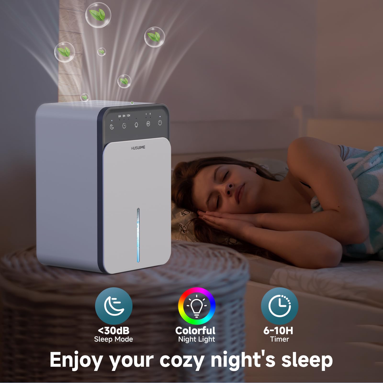 HUSUIME Dehumidifier, 50 OZ Dehumidifier for Bedroom, Quiet Dehumidifier with Timer Sleep Mode, Auto Defrost, 7 Colors LED Light and Auto Shut Off Function Small Dehumidifier for Bathroom, RV, Closet