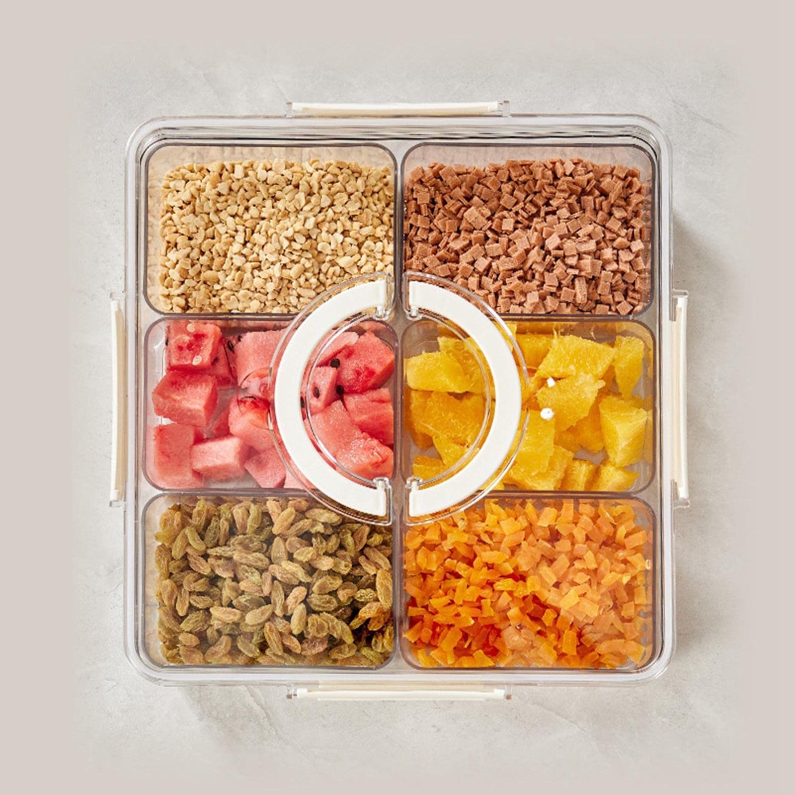 KLKCMS Snack Container Divided Food Storage Container Clear 6 Grids with Handle Lid, Divided Seasoning Box, Dried Fruit Plate for nuts Cookies