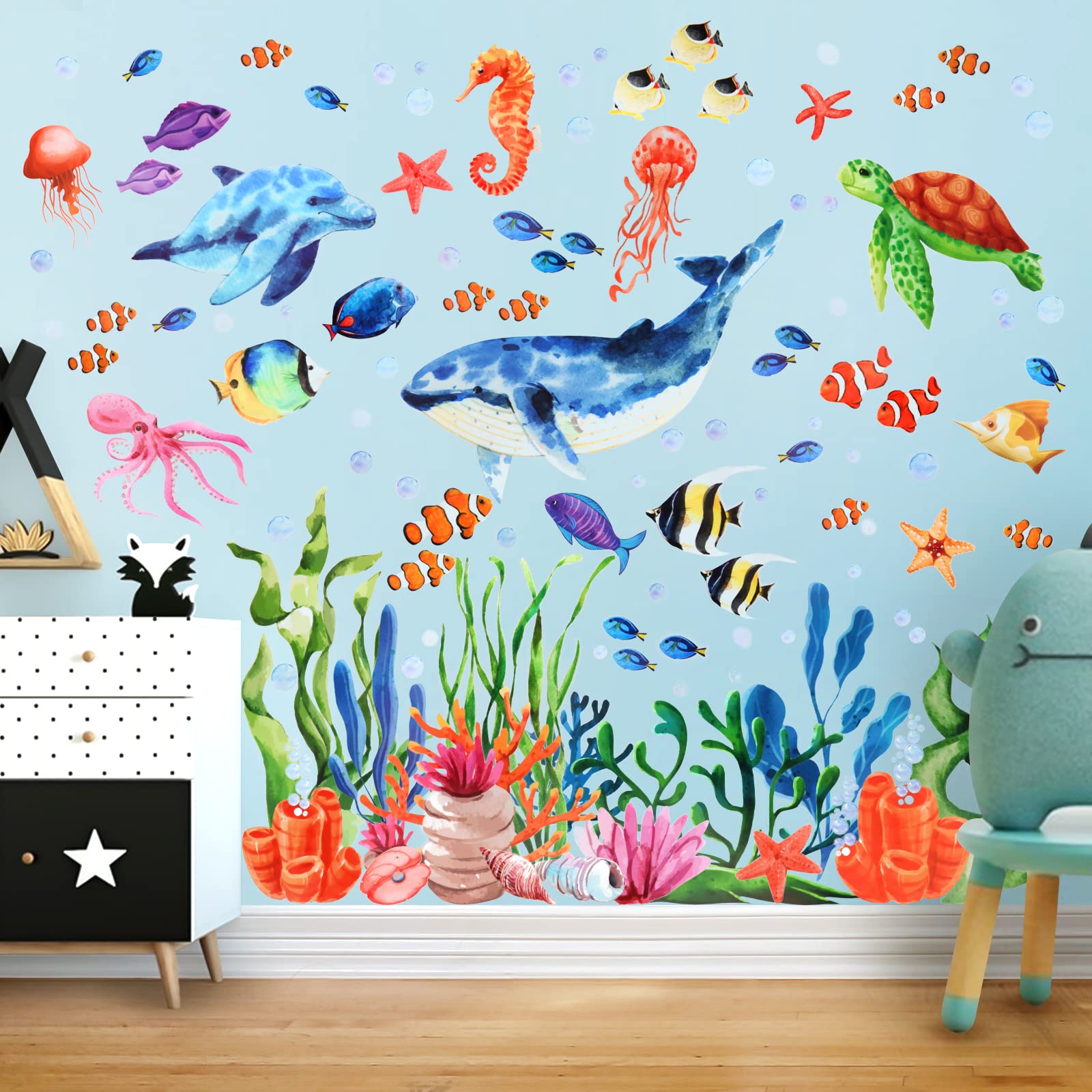 Kalolary Under The Sea Wall Decals Sea Turtle Whale Dolphin Starfish Wall Stickers 3D Coral Reef Ocean Grass Bubbles Wall Decals Wall Decoration for Wall Corner Nursery Room Children Bedroom Bathroom