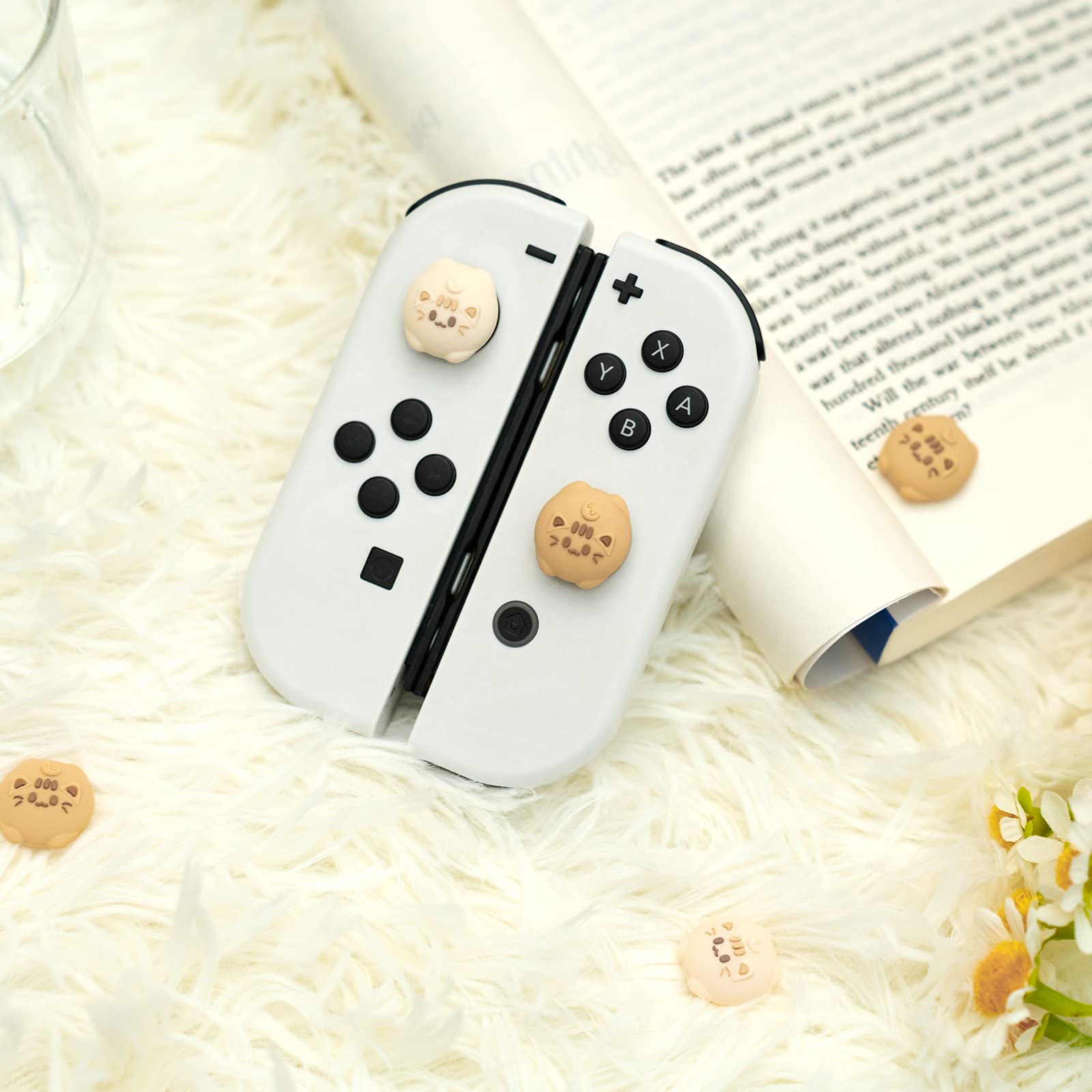 GeekShare Cute Silicone Joycon Thumb Grip Caps, Joystick Cover Compatible with Nintendo Switch/OLED/Switch Lite,4PCS - Milk Tea Cat