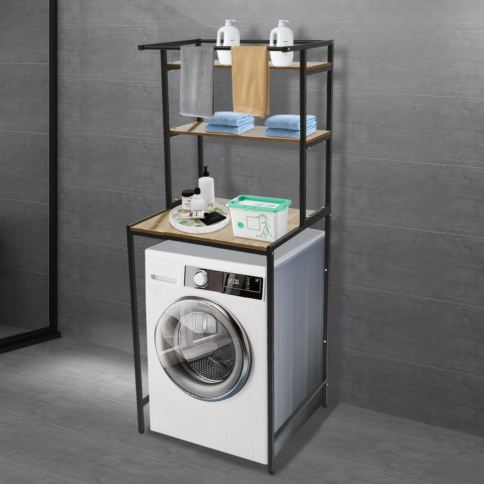 RocoReny Washer Dryer Stacking Rack Stand, Dryer Storage Shelf with Adjustable Shelves, Space Saver Washer Dryer Storage Shelf, Universal Washer for Bathroom Laundry Room (White, Light Walnut)