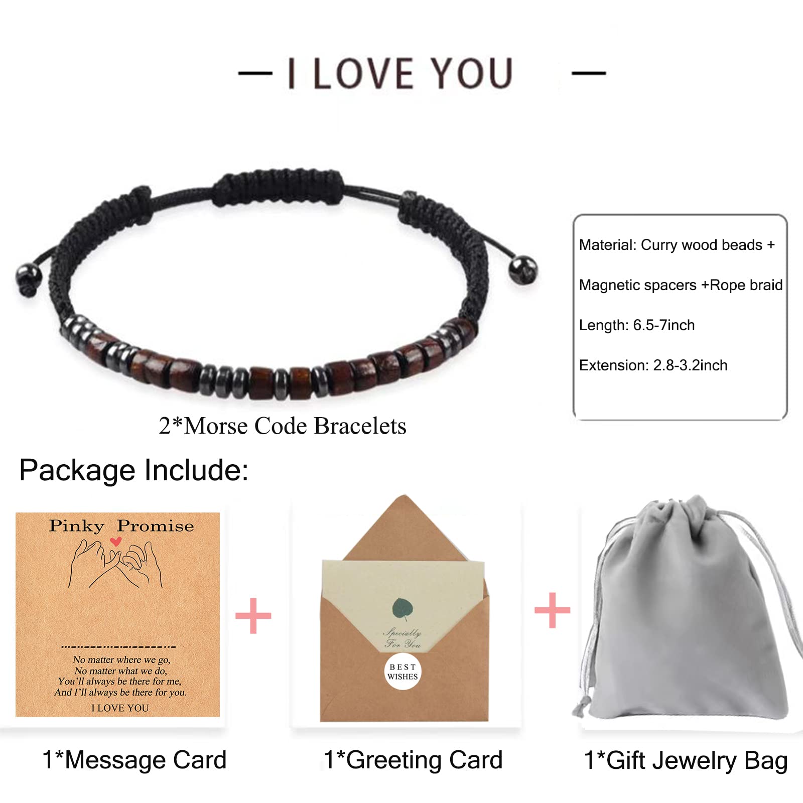 JOGHPOLLP Couples Bracelets Morse Code Bracelets for Women Men, Inspirational Valentines Day Gift for Couple Boyfriend Girlfriend Him Her Adjustable Bracelets with Black Hematite Beads