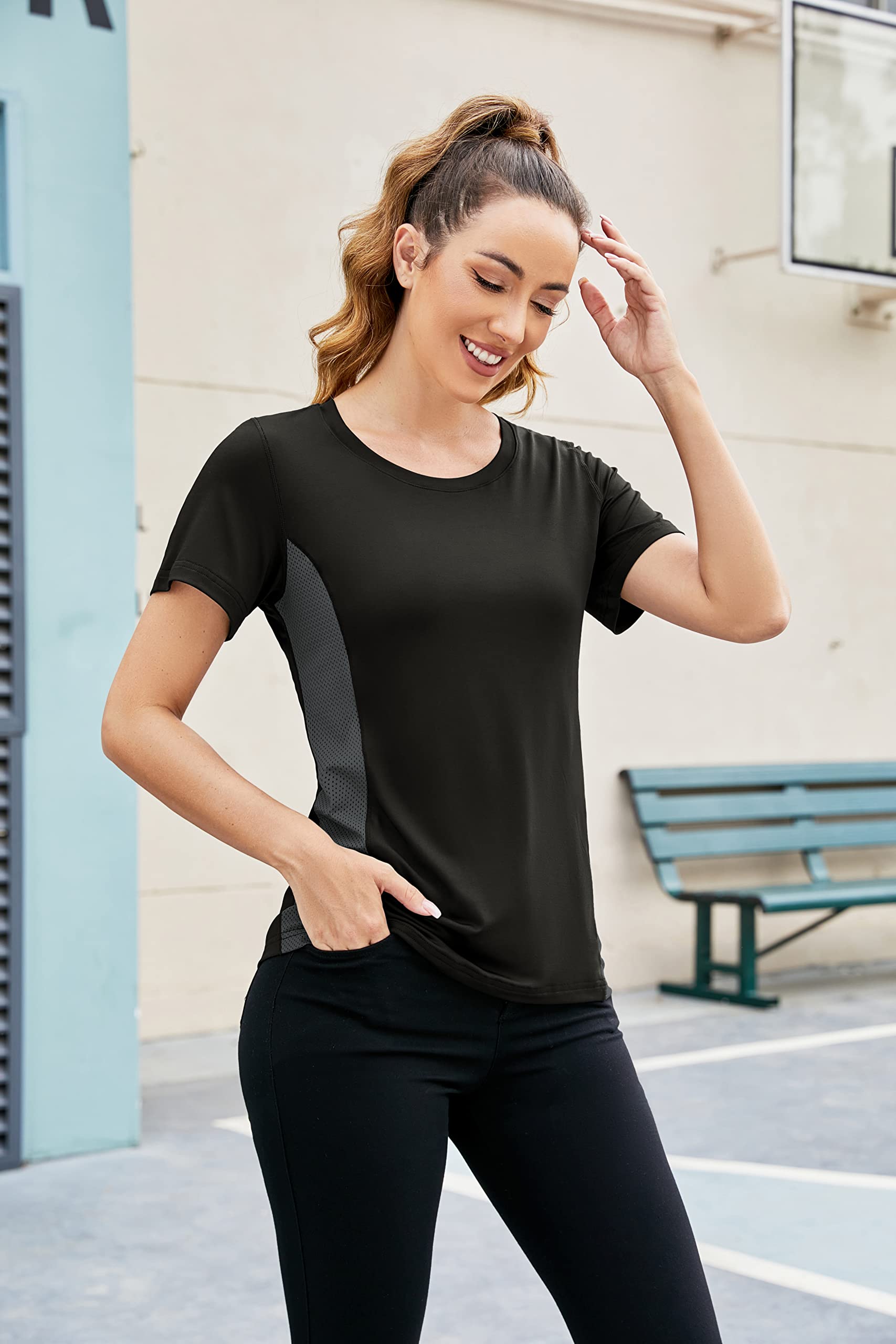 HOCOSIT Women's Workout Quick Dry T-Shirts Mesh Yoga Athletic Running Moisture Wicking Tops Black X-Large