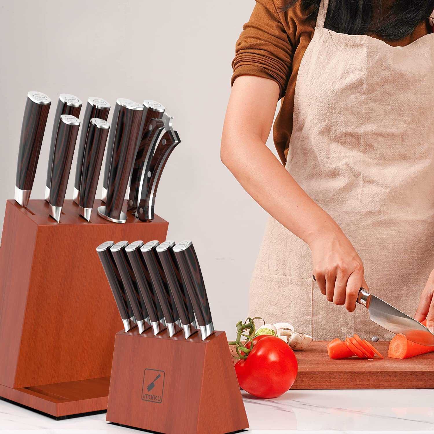 Kitchen Knife Set with Block, imarku 16-Piece Japanese Kitchen Knife Set, Ultra Sharp Stainless Steel Knife Set with Removable Block and Knife Brown