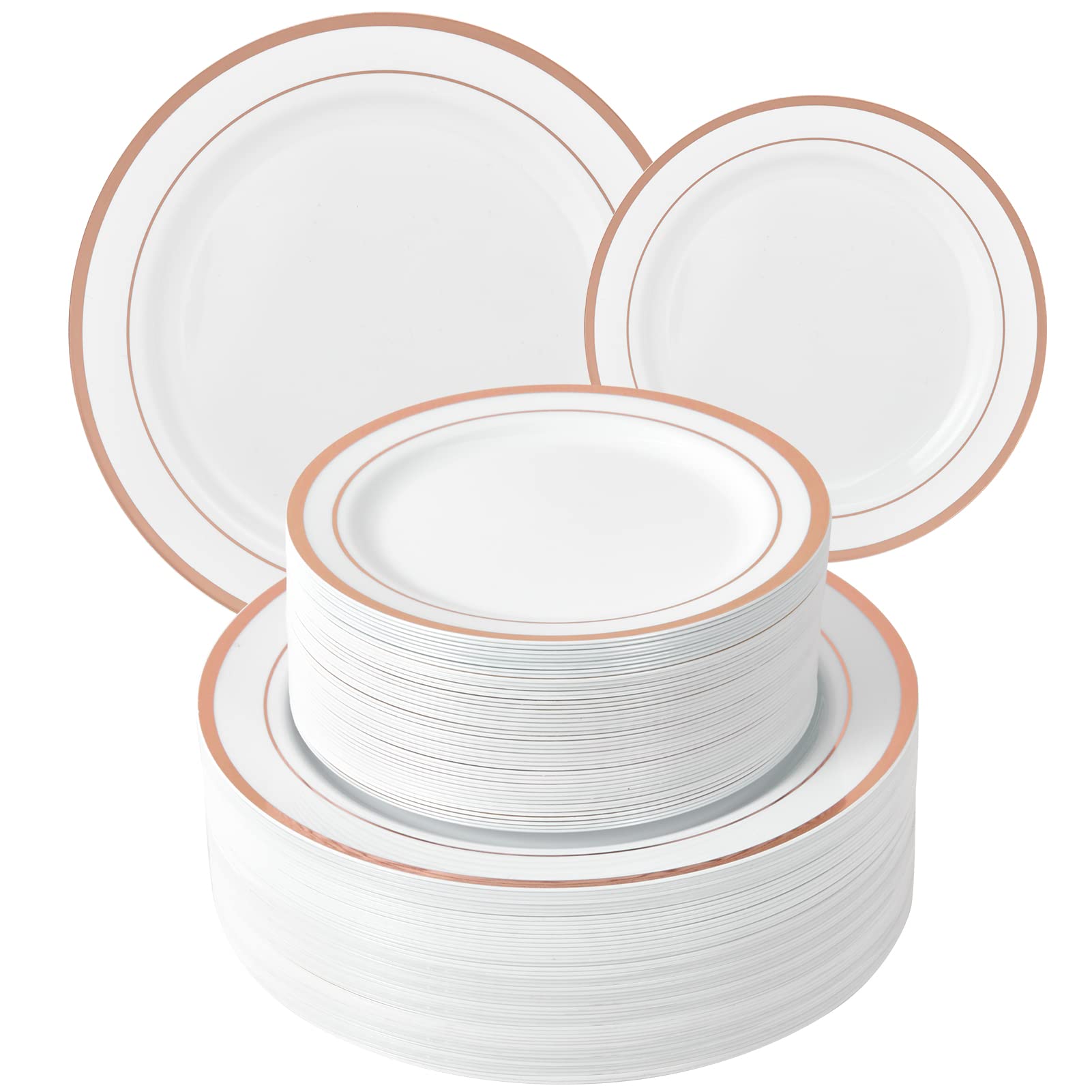HONOVA 100Pack Plastic Plates-50 Dinner Plates and 50 Salad Plates, Heavy Duty Plastic Plates with Rose Gold Rim for Party, Wedding, Dinner