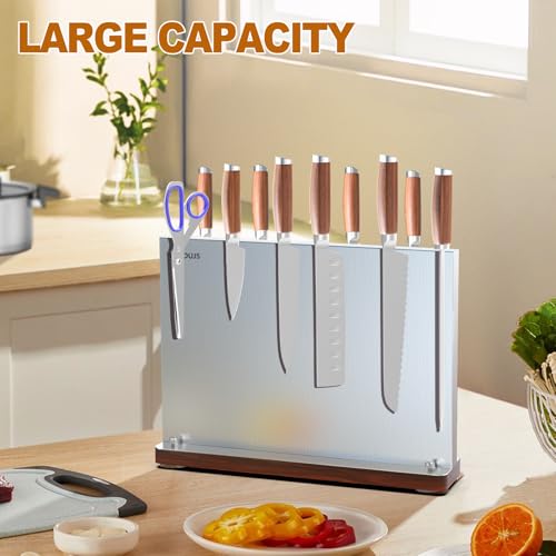 Magnetic Knife Holder Stand Block: Double Sided Magnetic Knife Holder Without Knifes Stainless Steel Knife Display Storage Rack for Kitchen Counter with Strong Enhanced Magnet and Wood Base - Silver