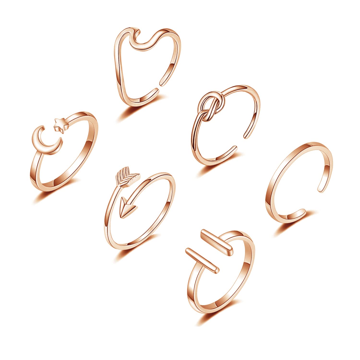 Honsny 6PCS Adjustable Rings for Women,14K Gold Silver Stackable Finger Rings Pack Arrow Knot Knuckle Rings Set Cute Rings for Teen Women