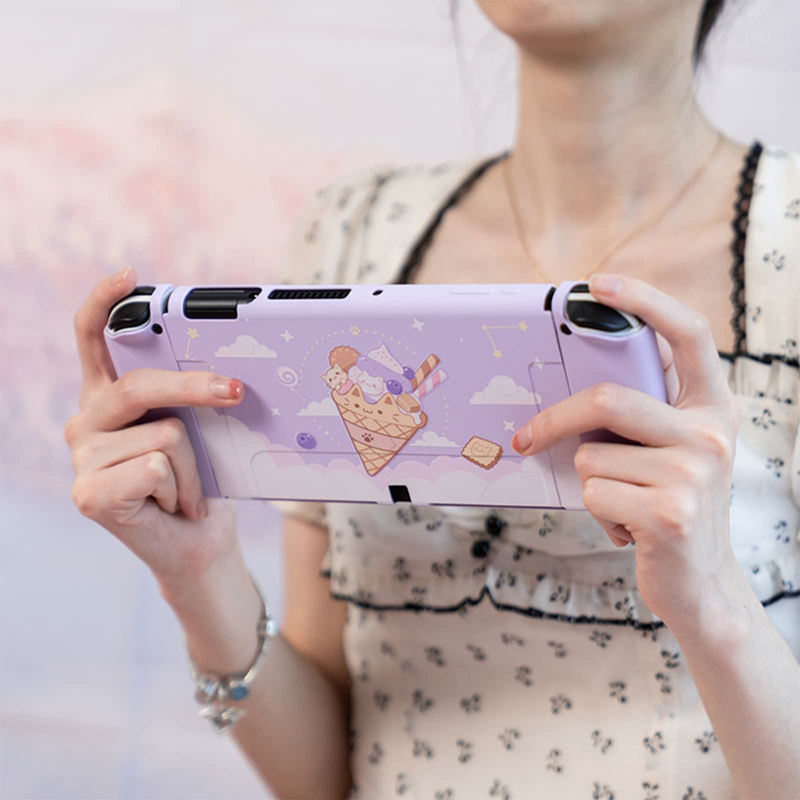 GeekShare Protective Case for Switch, Soft TPU Slim Case Cover Compatible with Nintendo Switch Console and Joy-Con - Ice Cream Cat (for Switch OLED Model)