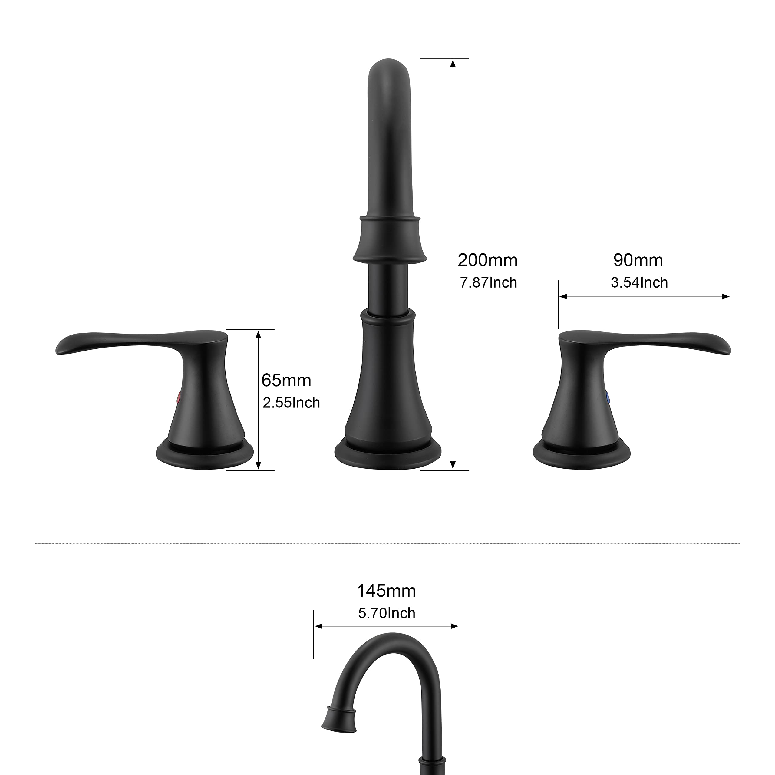 KirlystonE Matte Black Widespread Bathroom Sink Faucet, 8-Inch Black Widespread Vanity Faucet for 3-Hole Bathroom Sink with Drain Assembly and Supply Lines