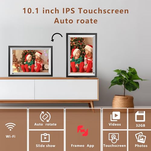 Digital Picture Frame, 10.1 inch WiFi Digital Photo Frame 32GB, 1280*800 IPS Touch Screen, Smart Electronic Picture Frame Slideshow, Load Photo Video from phone via Frameo App, Rotating, Gift VNEIMQN