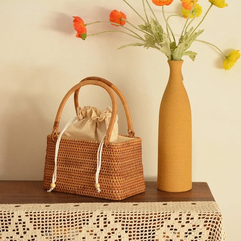 LSDJGDDE Hand Basket Picnic Travel Hand Woven Rattan Handbag Semicircular Stitching Lace up Inner Pocket Handmade