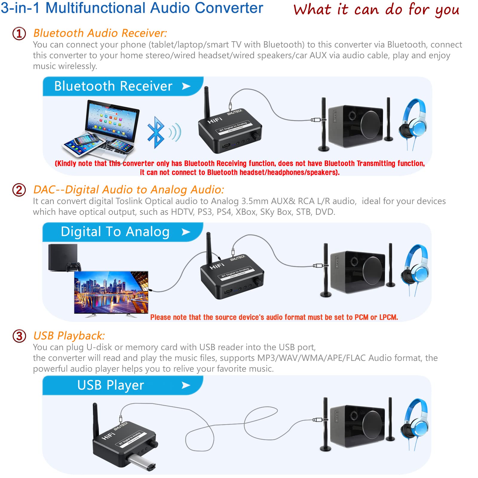 EMUTECK 192kHz Digital to Analog Audio Converter DAC Optical Toslink SPDIF to L/R RCA AUX 3.5mm Jack Adapter, Bluetooth Receiver, USB MP3 Player, Adjustable Volume for TV PS3 PS4 Xbox DVD Home Stereo