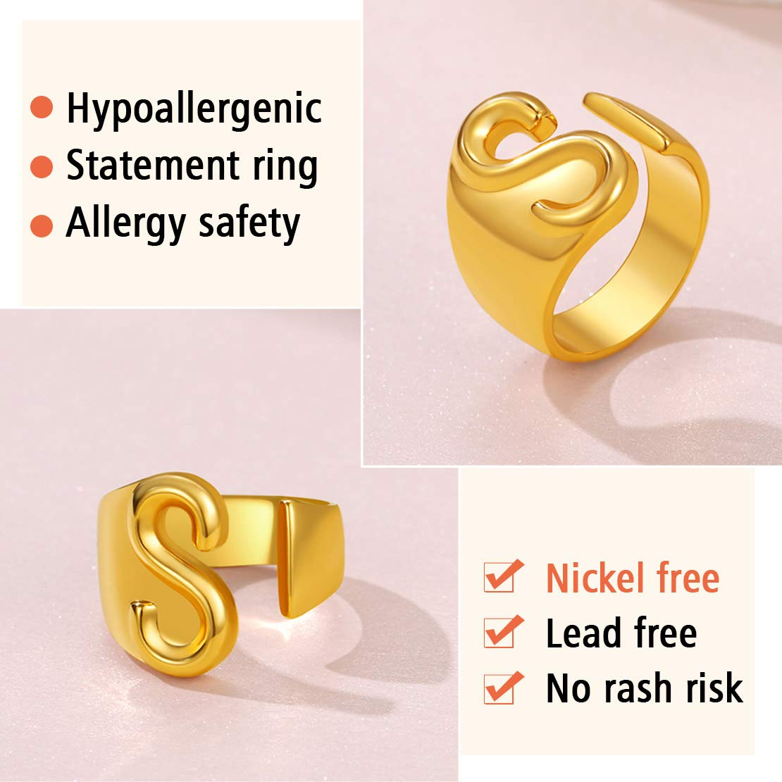 FindChic Custom Name Ring, Personalized Initial Ring, Letter C Statement Cuff Rings for Women Alphabet Knuckle Ring Engravable 18K Gold Plated Resizable Fashion Jewelry Gift