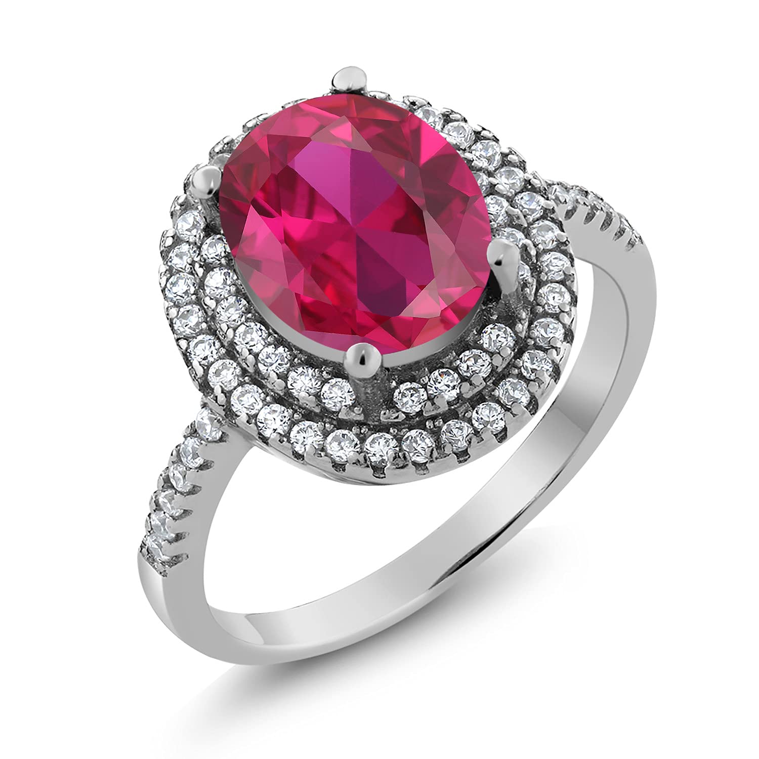 Gem Stone King 3.30 Cttw Red Created Ruby Ring For Women In 925 Sterling Silver | Oval 9X7MM | Available In Size 5, 6, 7, 8, 9