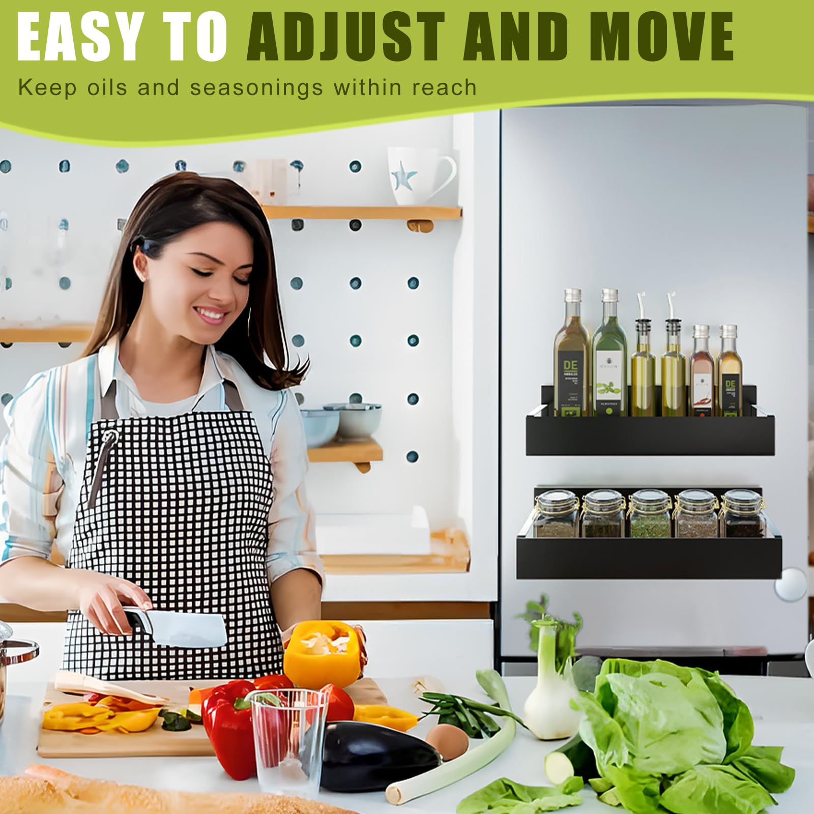 Hoenart Magnetic Spice Rack for Refrigerator, Moveable Magnetic Spice Organizer, 2 Pack Metal Strong Magnetic Shelf for Fridge and Microwave Oven, Space Saving for Kitchen (Black)