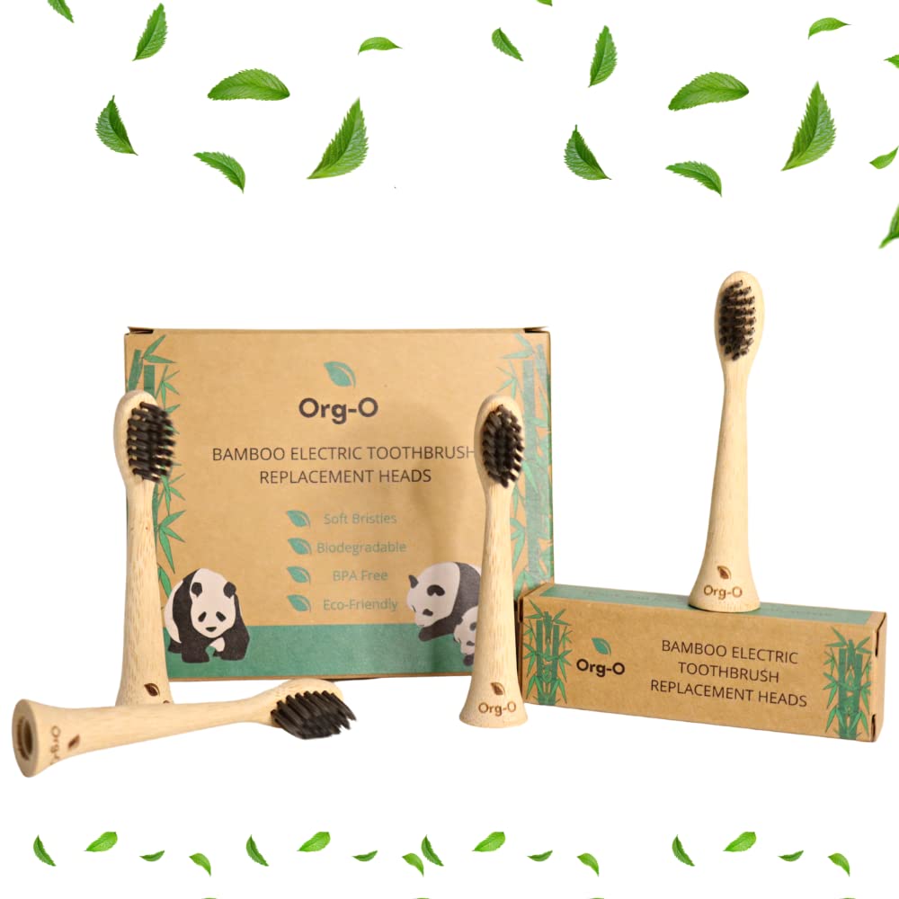 Org-O Bamboo Electric Toothbrush Heads | Biodegradable Eco-Friendly Soft Bristles | Charcoal Bristles | 100% Plant-Based Replacement Heads | Compatible with Phillips, Aquasonic, and Ordo Sonic 4-Pack