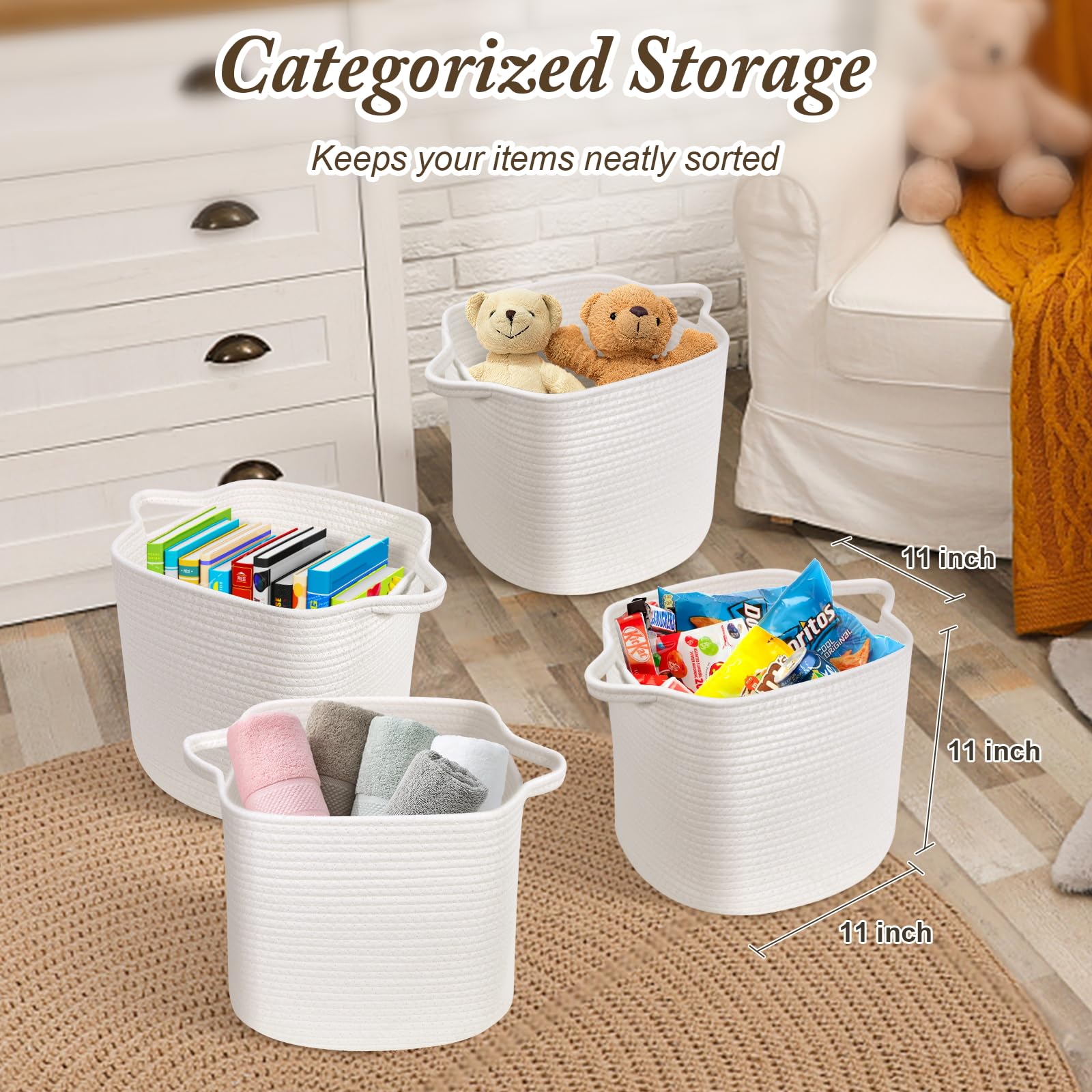 Off White Rope Basket Storage Cubes - 11 Inch Cube Storage Bins - Square Woven Baskets for Storage and Organization - Cube Storage Organizer Basket Toy Bins for Shelves, Closet, Nursery - 2 Pack