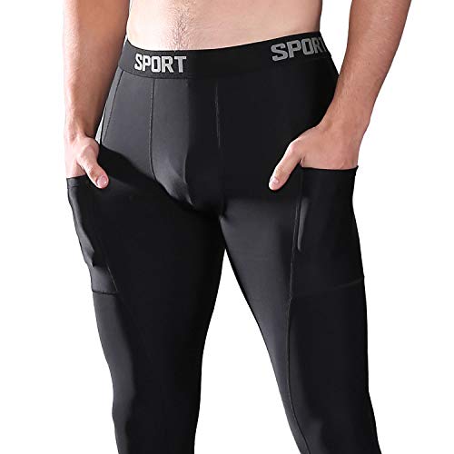 FANDIMU Men's Compression Pants, Cycling Pants, Tight Base Layer Gym Workout High Elasticity Leggings with Pocket, 2 Packs L