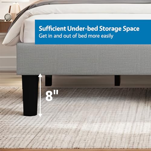 Fangflower Full-size Platform Bed Frame with Fabric Wingback Headboard/Upholstered Headboard/12 Solid Wooden Slats/No Box Spring Needed, Non-Slip and Noise-Free,Light Gray