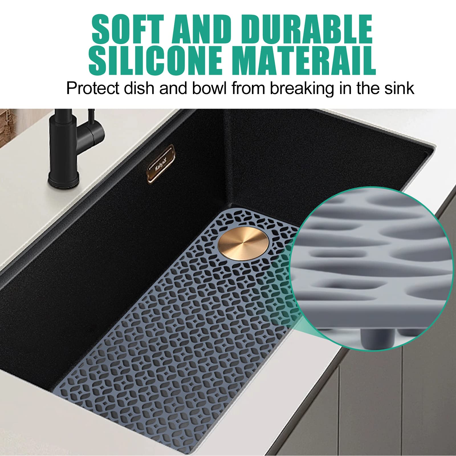 JUSTOGO Silicone Sink Mat 28.2''x 14.2'', Grey Sink Protectors for Kitchen Sink Grid Accessory, 1 PCS Non-slip Sink Mats for Bottom of Kitchen Farmhouse Stainless Steel Porcelain Sink Right & Left