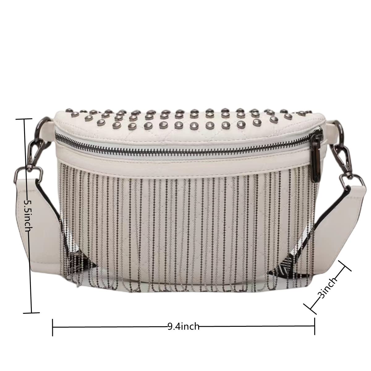 IAMUHI Women Vegan Leather Cross Chest Bag Rivets Fringed Shoulder Handbag Purse Waist Bag,White