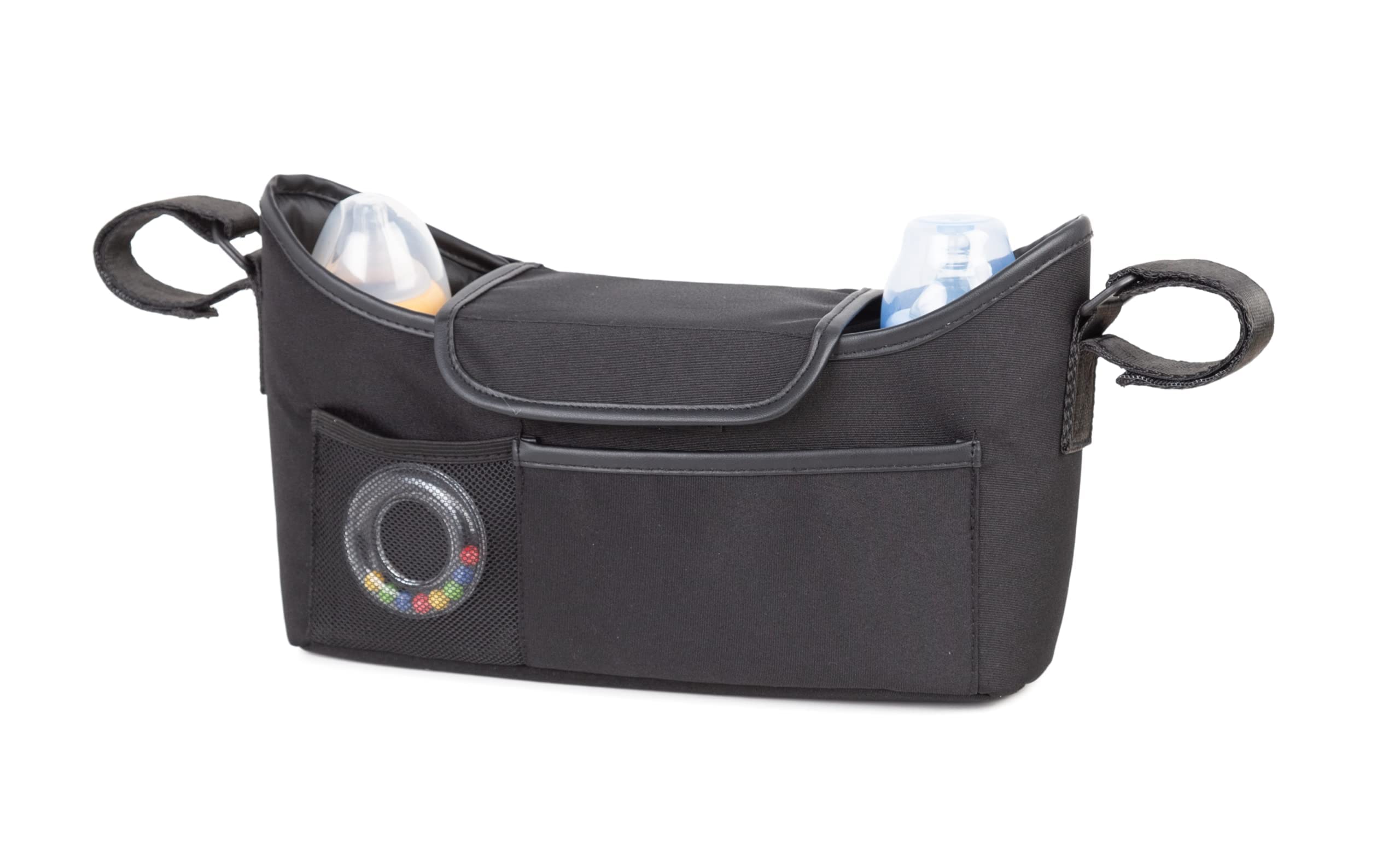 LUFFCABO Multifunctional Stroller Caddy Organizer With Cup Holder And Adjustable Straps, Universal Stroller Attachment With Stroller Cup Holder Supplying Stroller Storage (Large/Carbon Black)