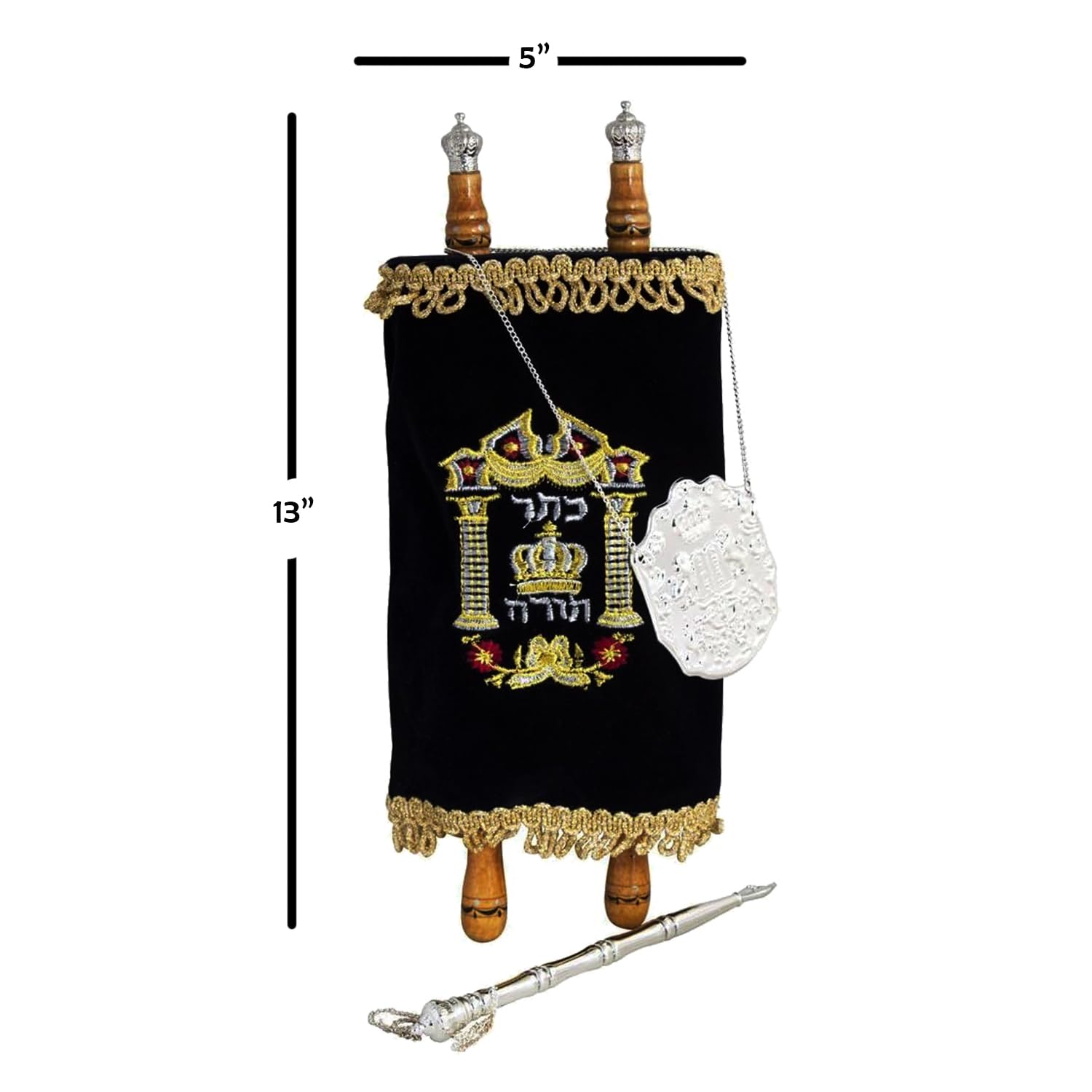 HOUSEOFGAFNI 13" Complete Torah Scroll with Blue Velvet Mantel - Hebrew Sefer Torah for Children - Includes Yad and Breastplate - Great for Simchat Torah and Weekly Parsha Study