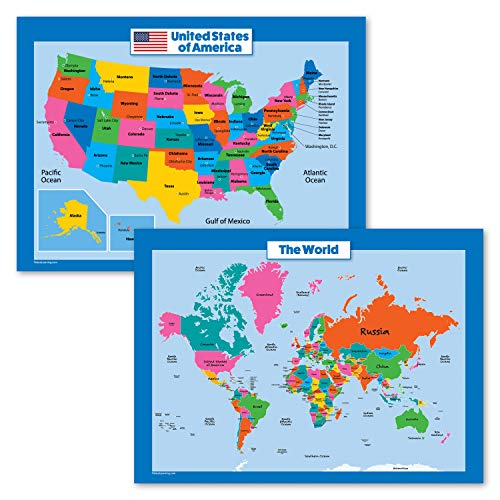 World Map and USA Map for Kids - 2 Poster Set - LAMINATED - Wall Chart Poster of the United States and the World (18 x 24)