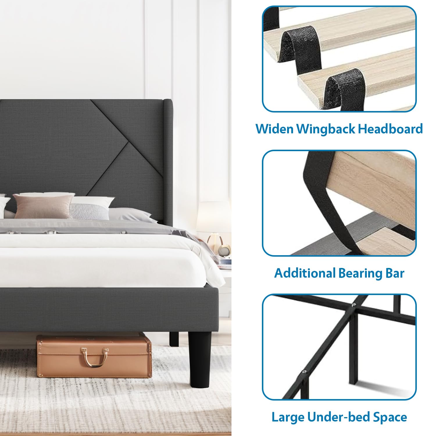 Fangflower Platform Bed Frames, King Bed Frame with LED Lights and Charging Station, Soft Storage Headboard, Sturdy and Durable, No Box Spring Needed, Rustic Wood and Steel, Dark Grey