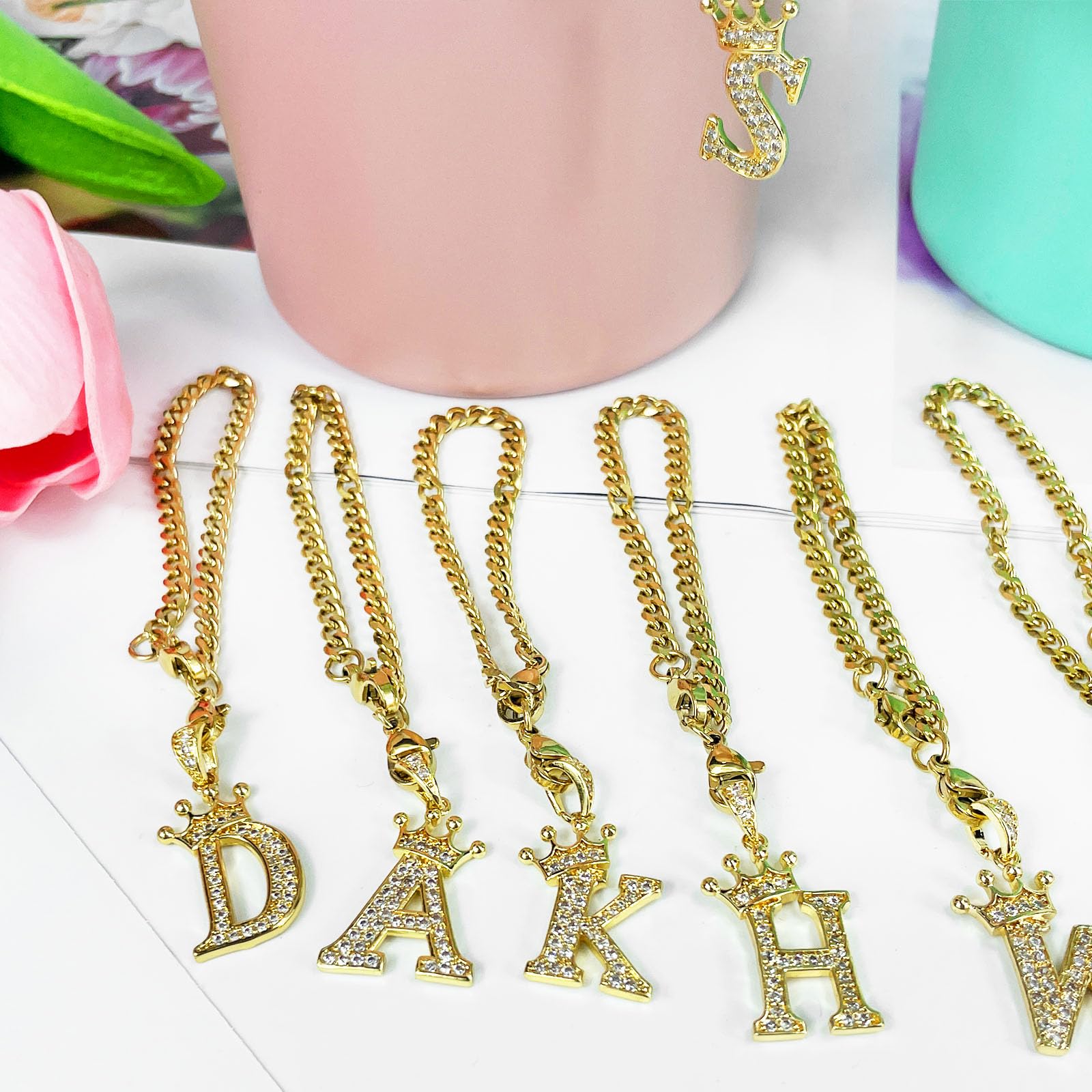 LUHOHI Cup Charms for Stanley Handle- Crown Letter Charms Accessories for Stanley Handle 40 Oz Tumblers Gold Initial Keychain Water Bottle Cup with Diamond Glitter Jewelry Personalized Decorations C
