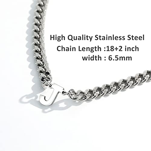 RUOOUY Initial A-Z Letter Necklace for Men Stainless Steel Cuban Link Chain 18+2 Inch Personalized Letter Charm Pendant Jewelry Gift for Boys Women(Silver-J)