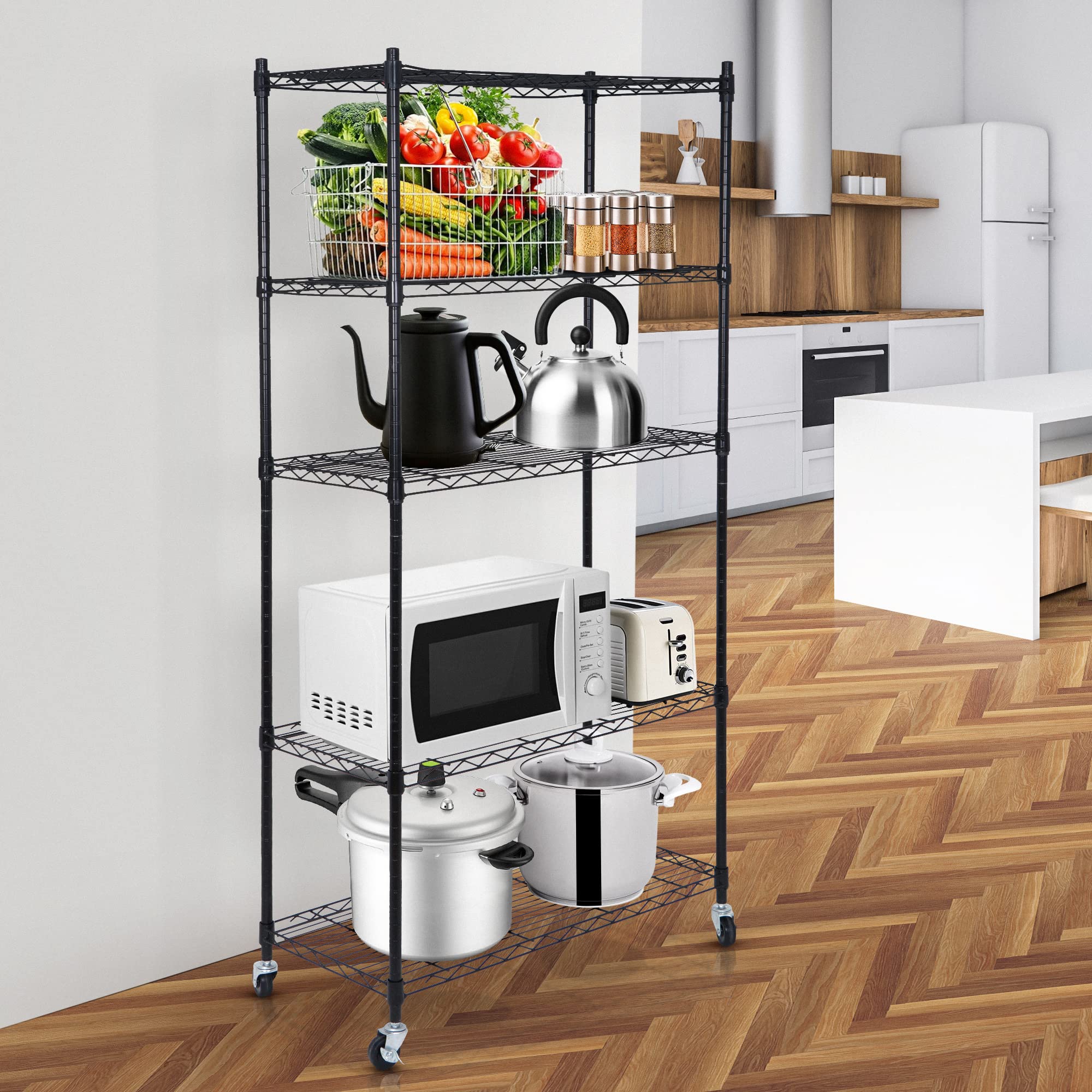 JupiterForce 5-Shelf Adjustable, Heavy Duty Storage Shelving Unit with 4 Wheel Casters, Metal Organizer Wire Rack for Kitchen, Office, Garage, Black (30L x 14W x 62H)