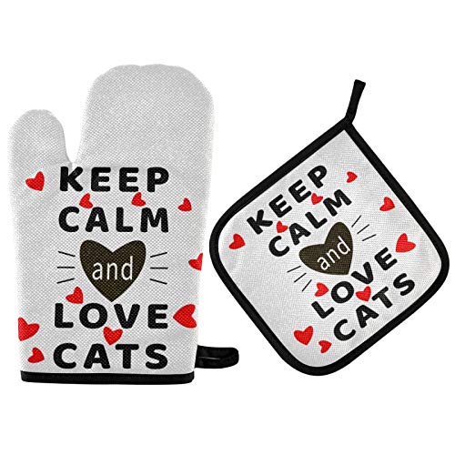 Keep Calm Love Cats Oven Mitts Pot Holder Set Kitchen Decor Cooking Stove Gloves Heat Resistant Hot Pads Recycled for BBQ Baking Grilling